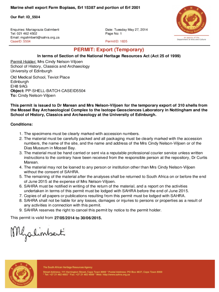 Fillable Online Report: Marine shell export Farm Boplaas, Erf 15387 and ...
