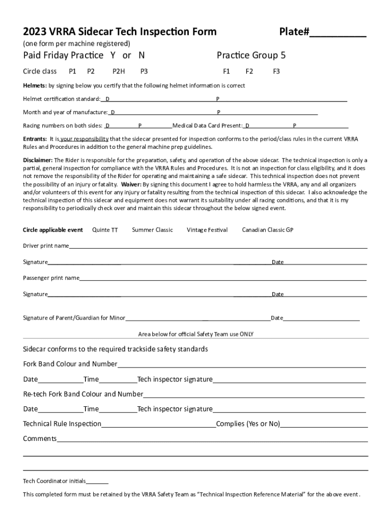 Fillable Online 2023 VRRA Sidecar Tech Inspection Form Plate Fax Email ...