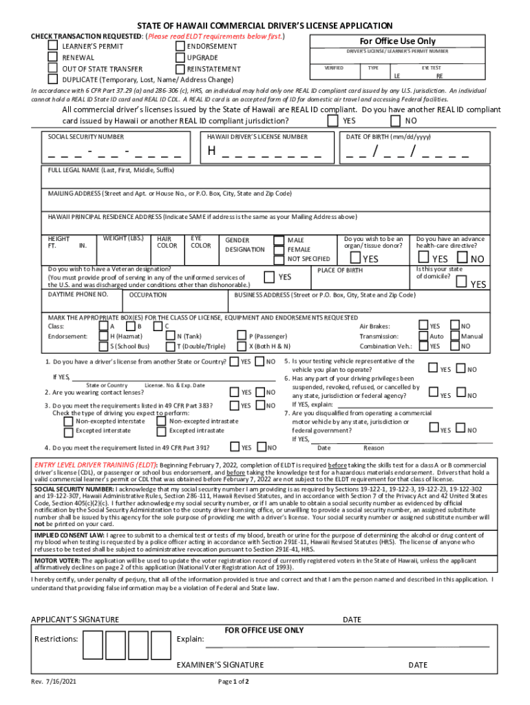 Fillable Online state of hawaii commercial driver's license application ...
