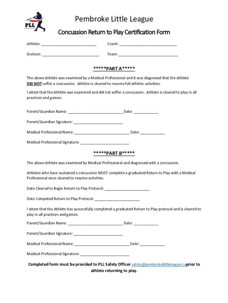 Fillable Online Concussion Return to Play FormWestport Little League ...