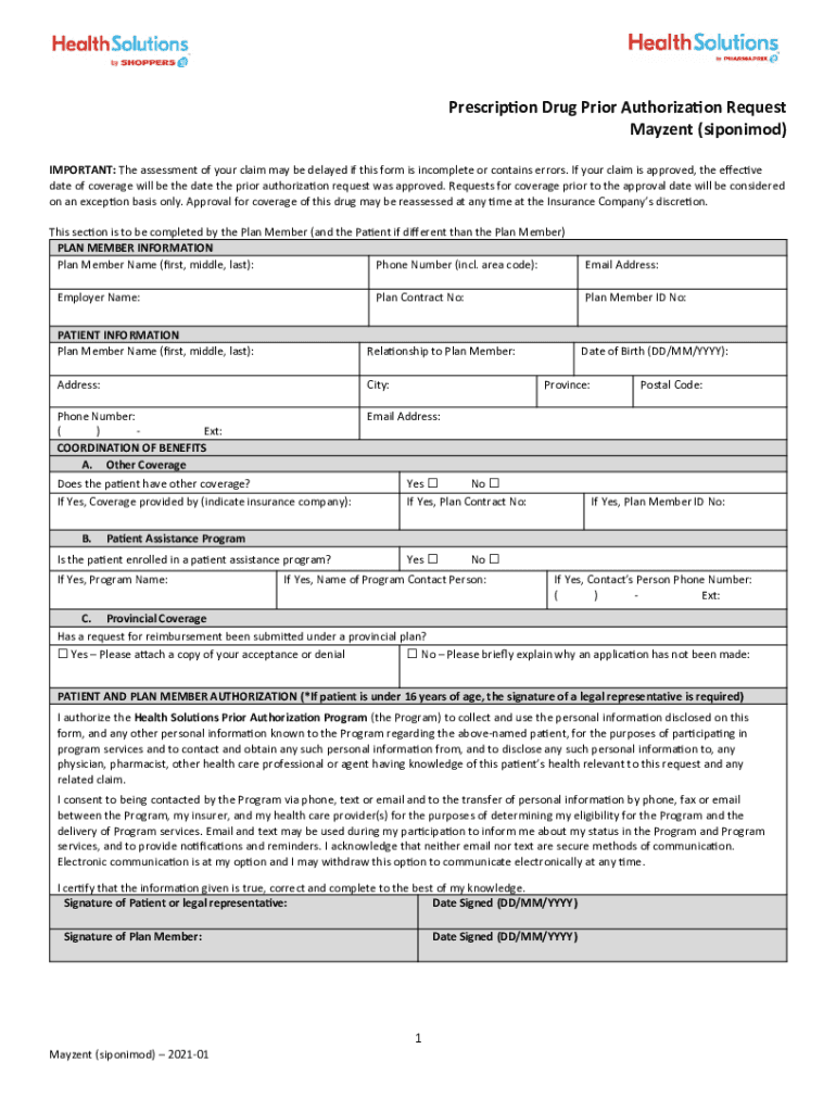 Fillable Online Prescription Drug Prior Authorization Request Mayzent ...