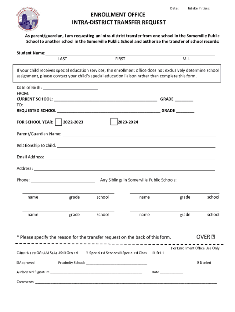 Fillable Online Enrollment Office Intra-District Transfer Request Fax ...