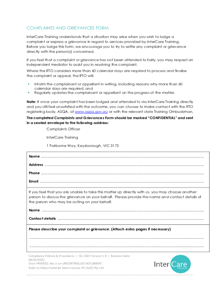 Fillable Online Grievance and Complaint Resolution Procedures Fax Email ...