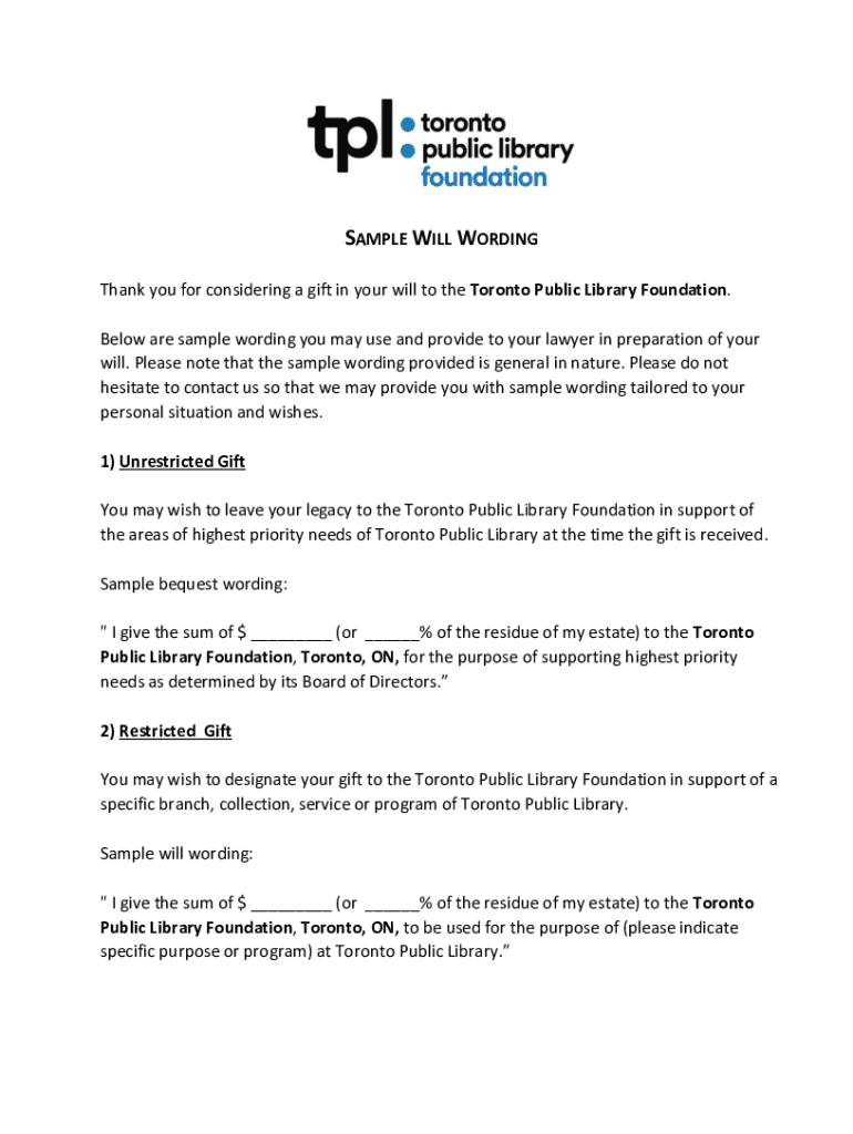 Fillable Online SAMPLE WILL WORDING Thank you for considering a gift ...