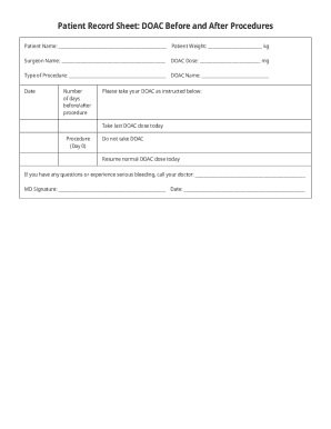 Fillable Online Patient Record Sheet: DOAC Before and After Procedures ...