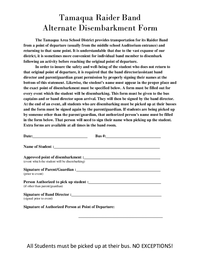 Fillable Online Tamaqua Raider Band Alternate Disembarkment Form Fax ...
