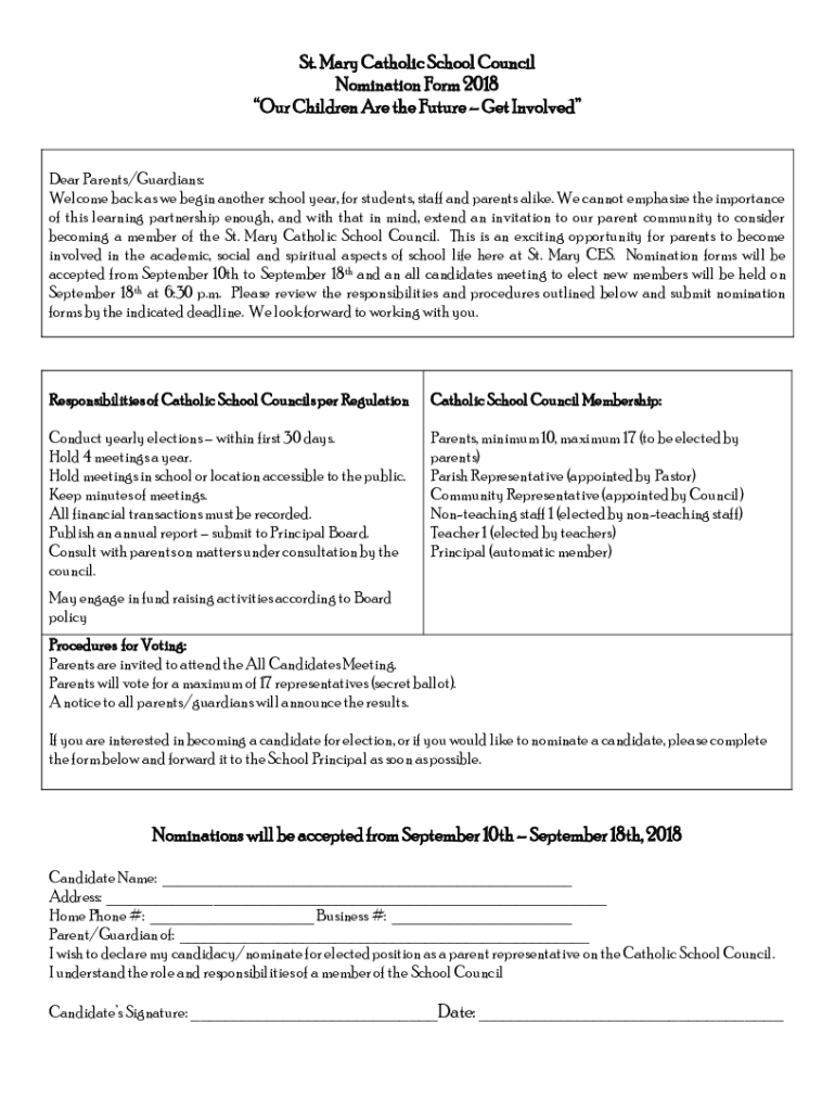 Fillable Online St. Mary Catholic School Council Nomination Form 2018 Our ... Fax Email Print ...