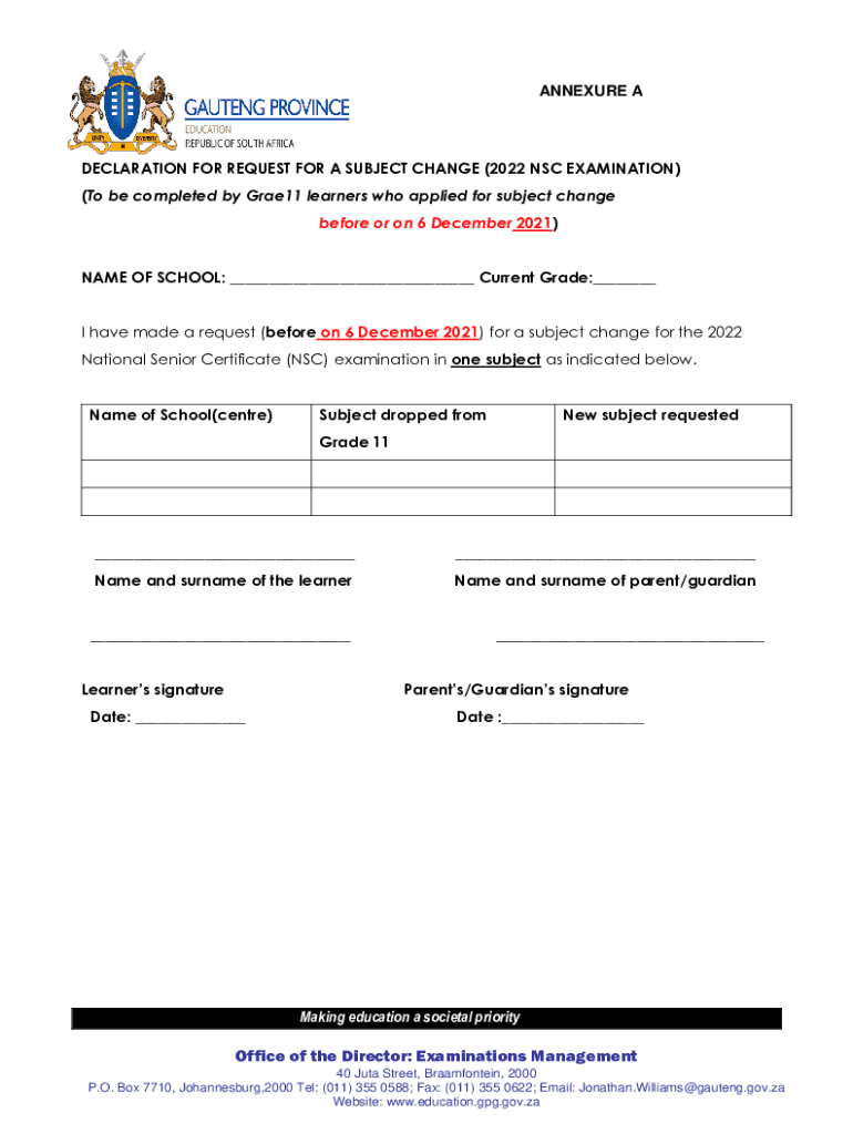 Fillable Online Subject Change Application in School Format and ... Fax ...