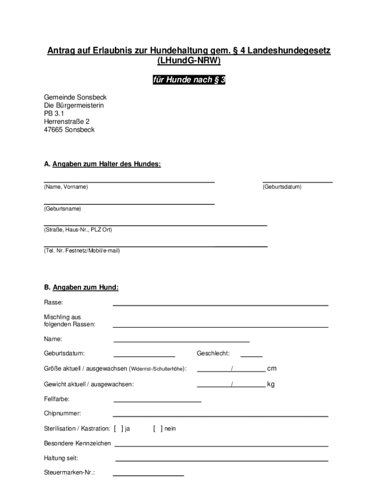 Ausfüllbar Online Antrag auf Erlaubnis zur Hundehaltung ( 3 LHundG Fax Email Drucken - pdfFiller