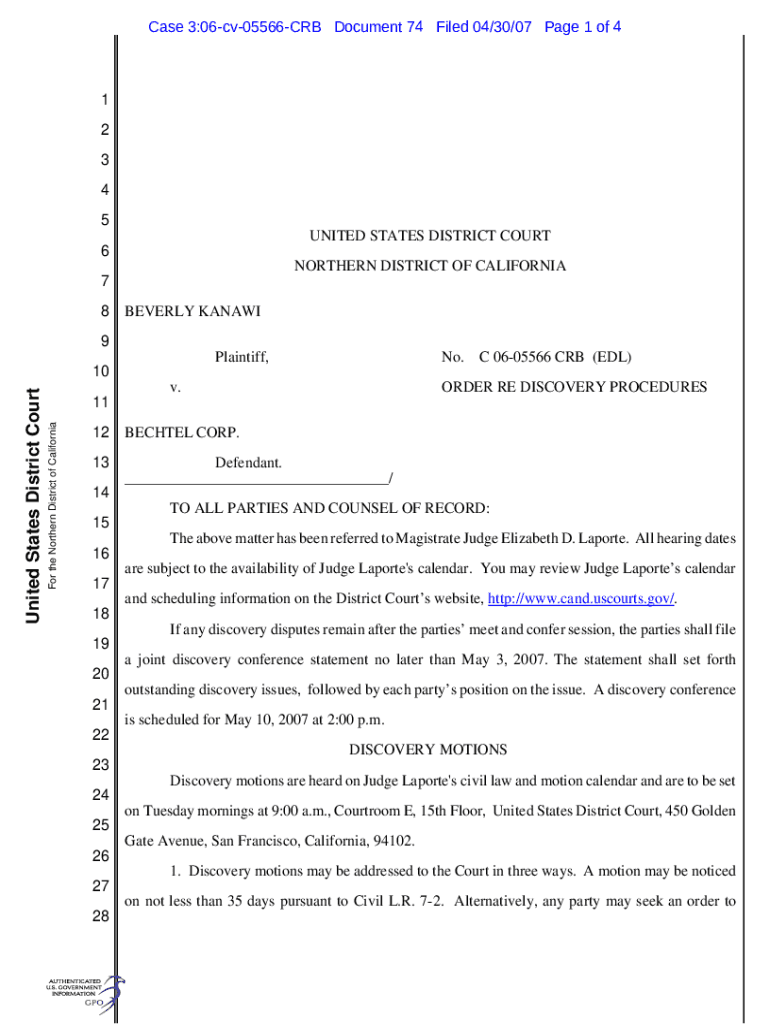 Fillable Online Case 3:06-cv-05566-CRB Document 74 Filed 04/30/07 Page ...