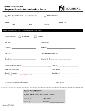 Fillable Online Graduate Assistant Regular Funds Authorization Form ...