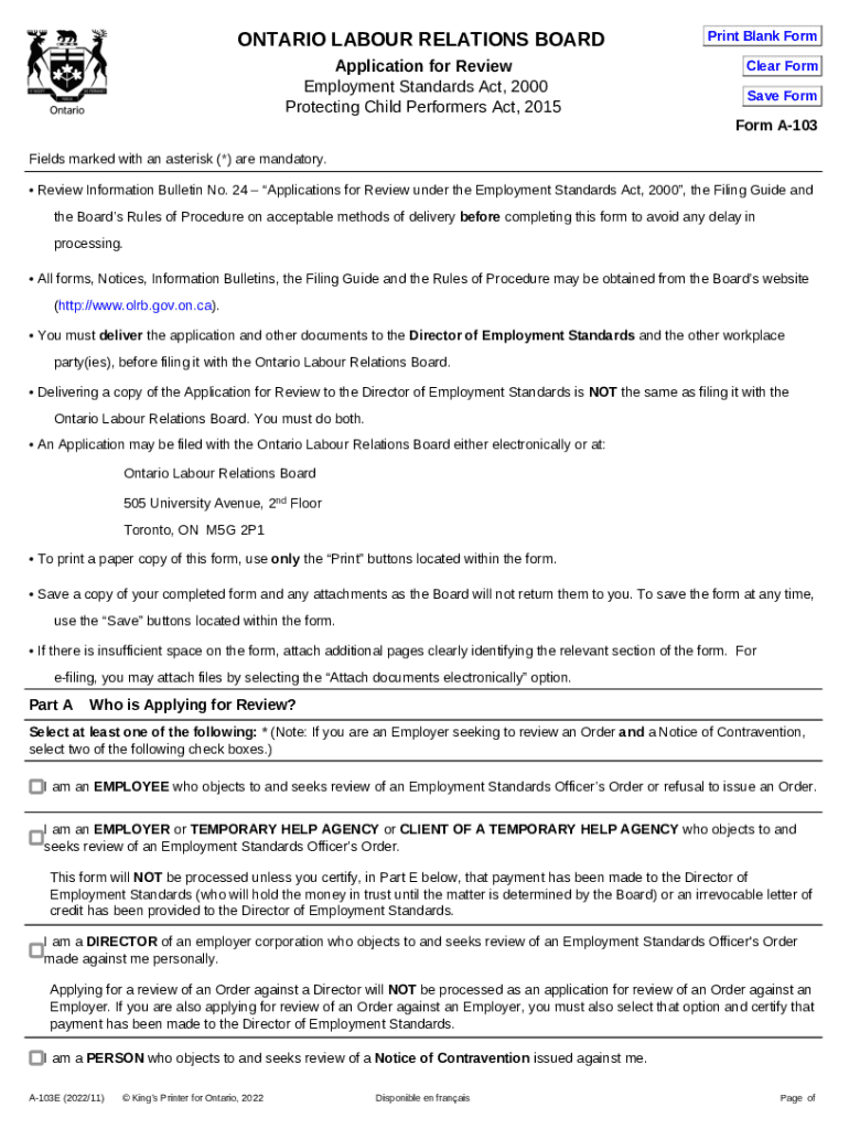 Fillable Online OLRB Application for Review (Employment Standards Act ...