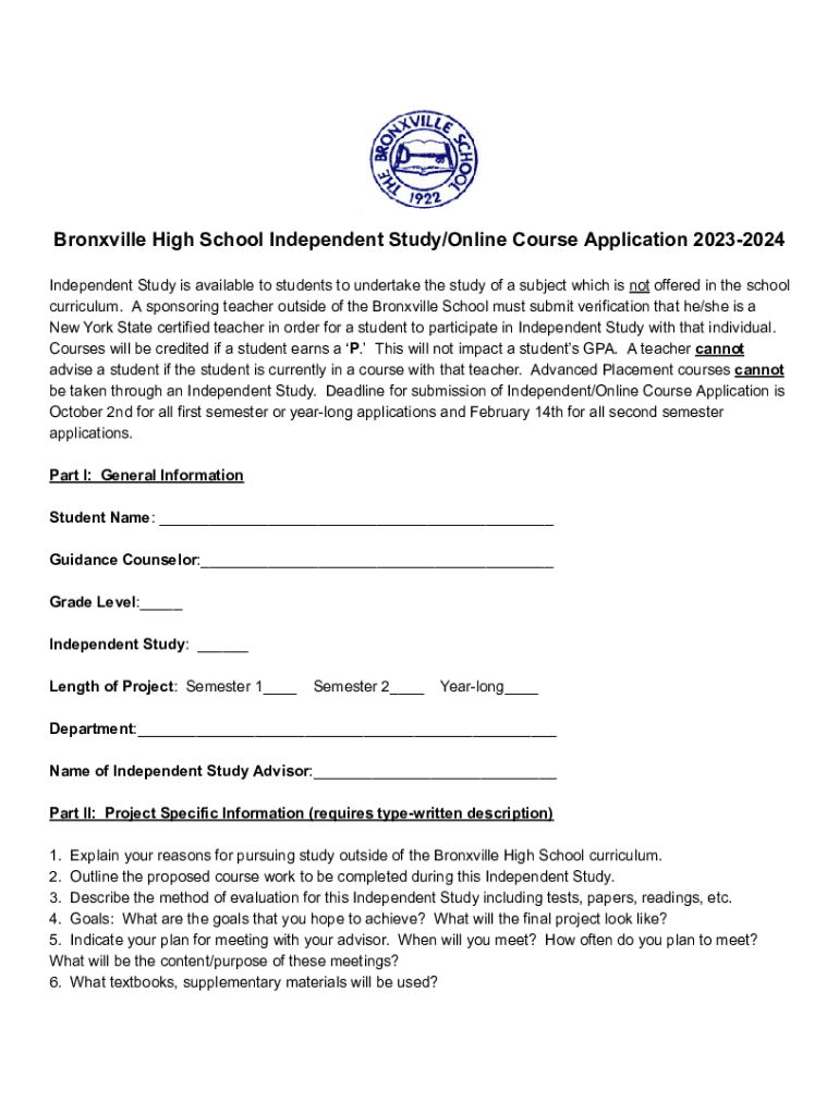 Fillable Online Bronxville High School Independent Study/Online Course ...