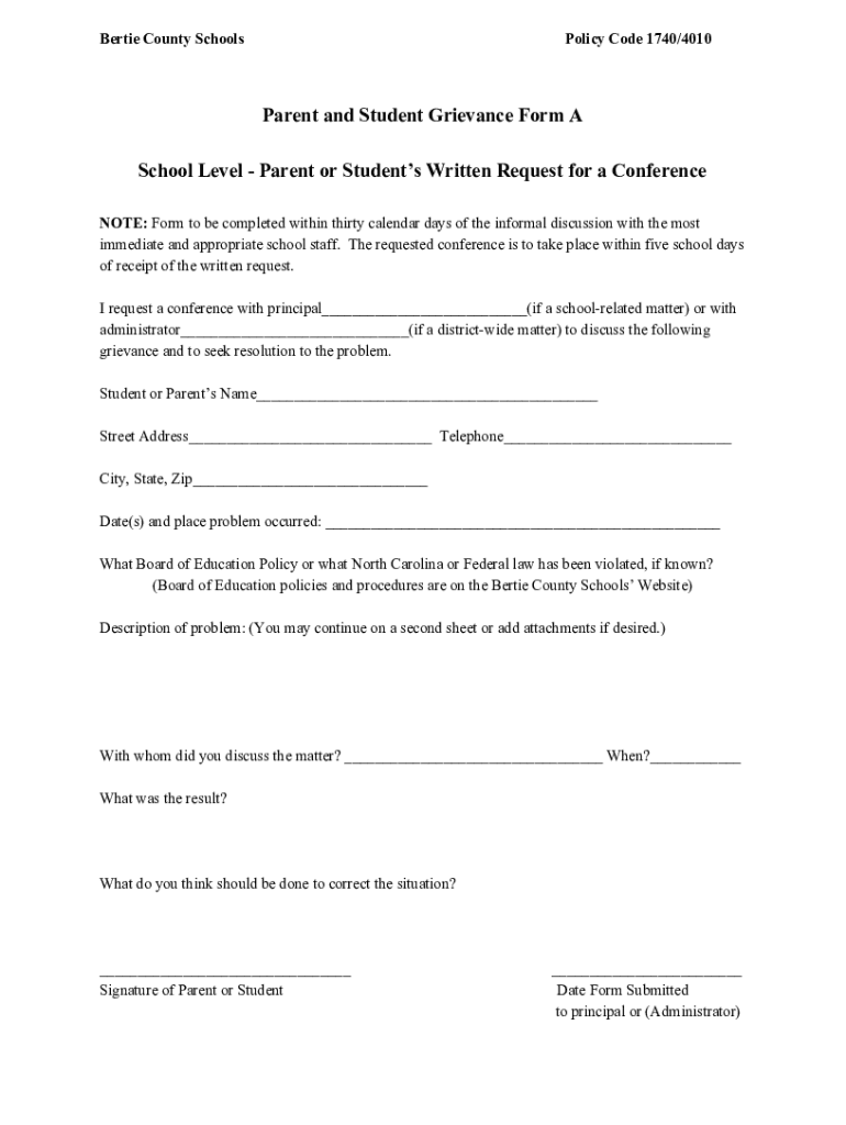 Fillable Online Parent and Student Grievance Form A School Level Fax ...