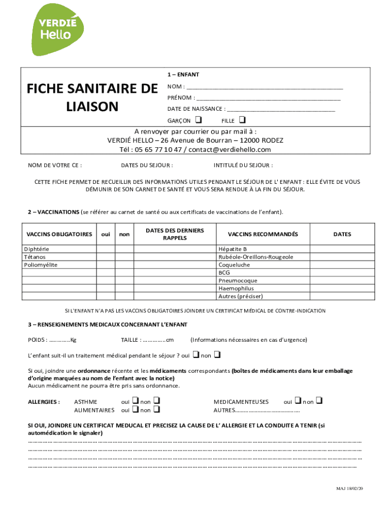 Remplissable En Ligne FICHE SANITAIRE DE Fax Email Imprimer - pdfFiller