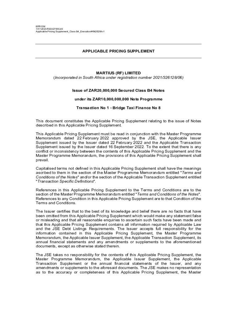 Fillable Online Applicable Pricing SupplementClass B4Execution(8426264. ...