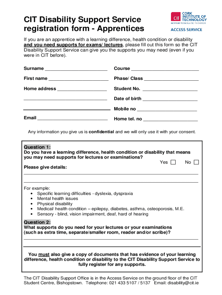 Fillable Online A guide to accessing CIT Disability Support Service supports Fax Email Print ...