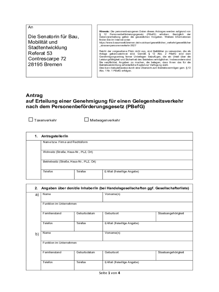 Ausfüllbar Online Antrag auf Erteilung einer Genehmigung fr den Gelegenheitsverkehr fr Taxen und ...