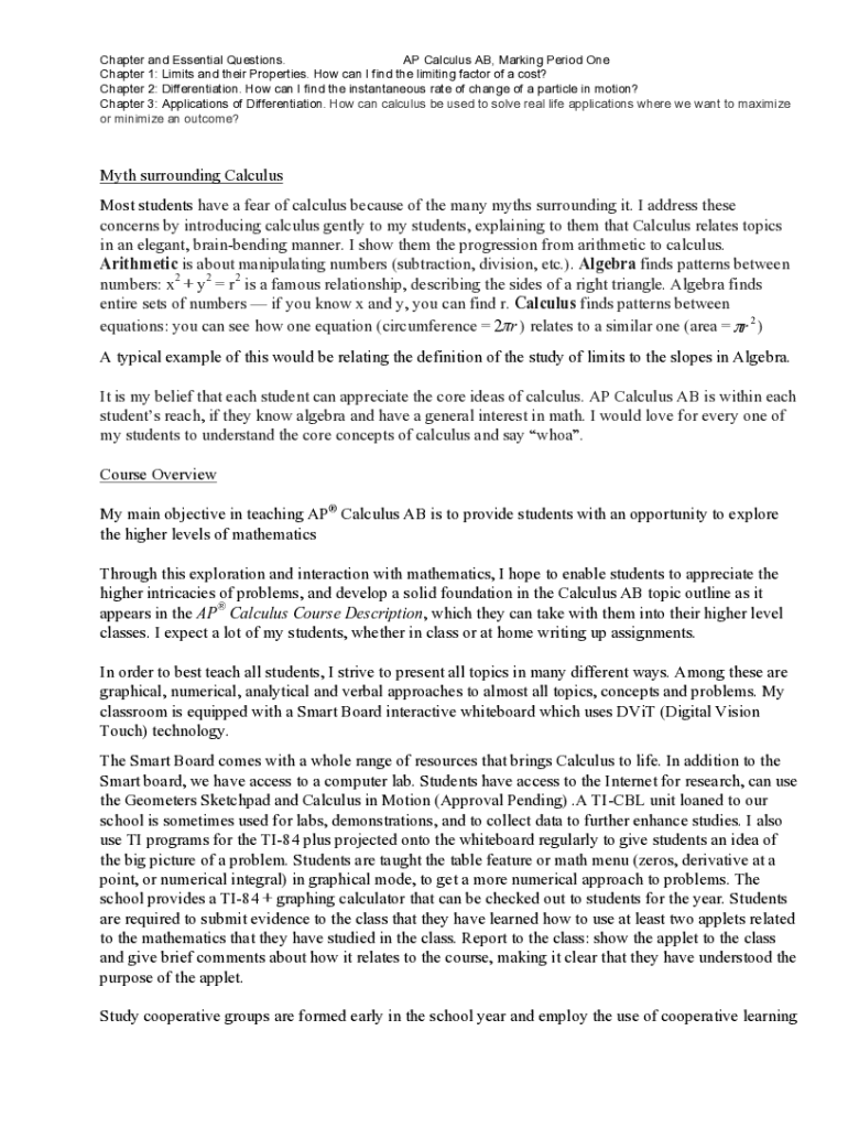 Fillable Online Chapter 1 AP Calculus Course AB: Limits, Continuity ...