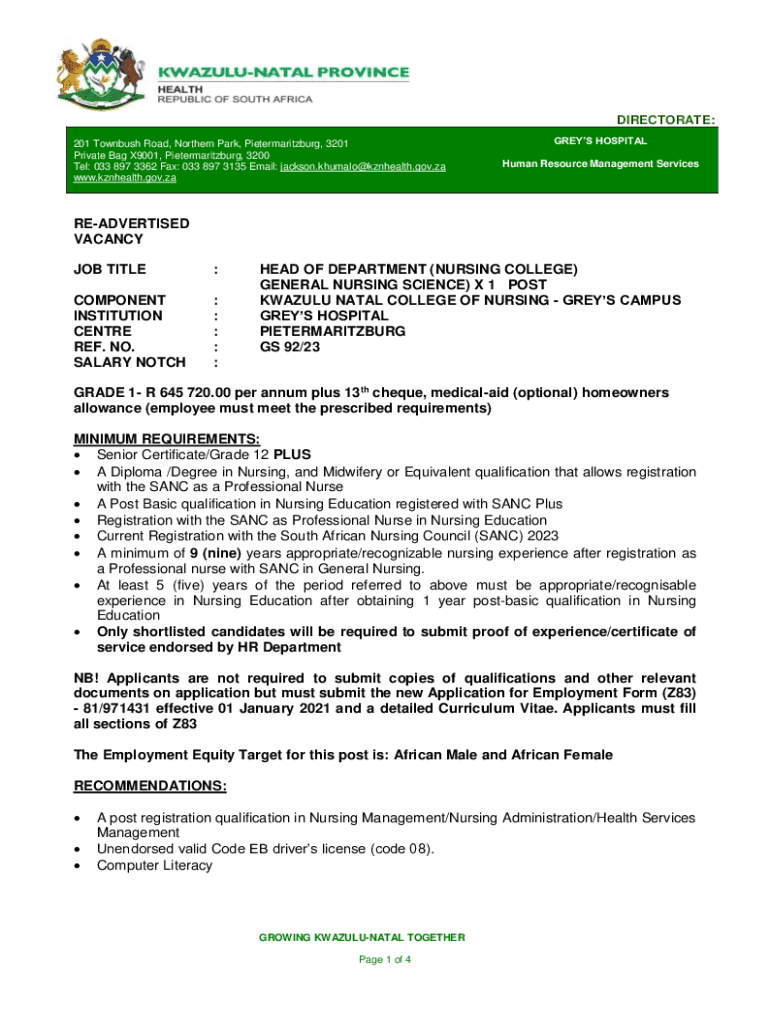 Fillable Online Head of department (nursing college) General Nursing ...