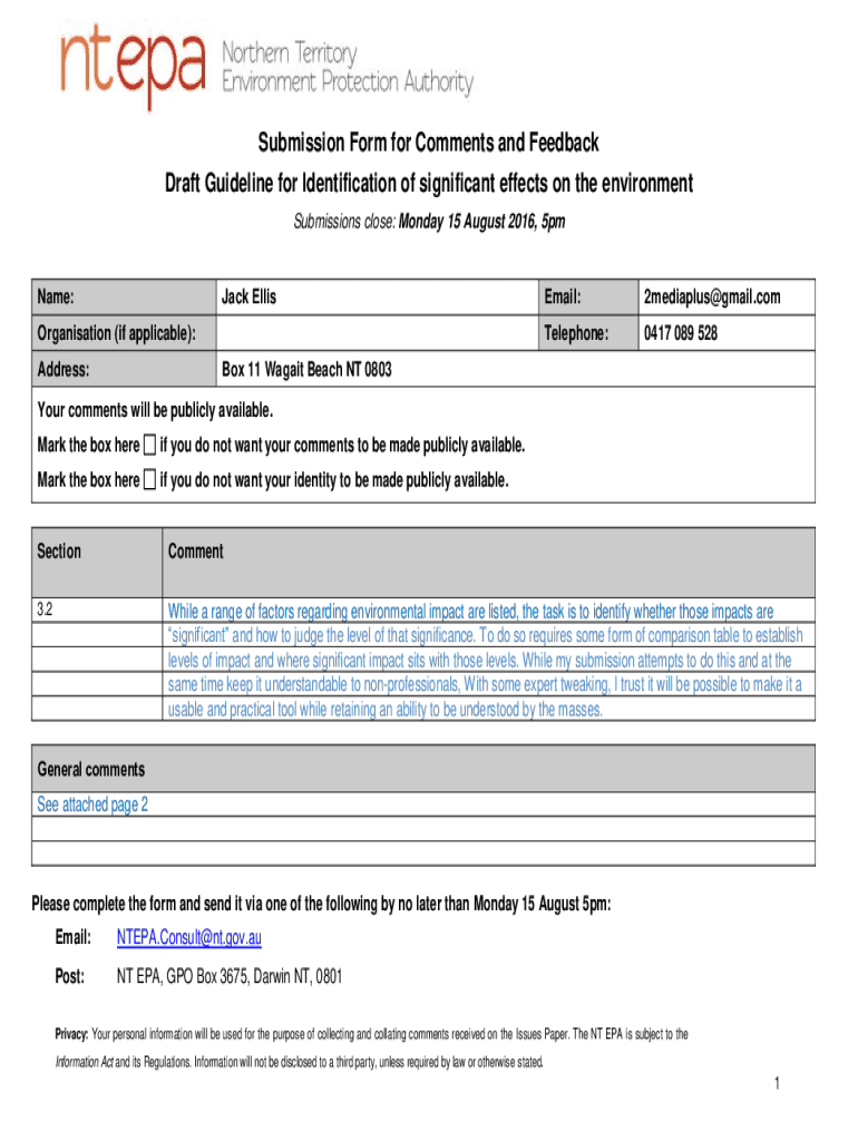 Fillable Online ntepa nt gov Submission Form for Comments and Feedback ...