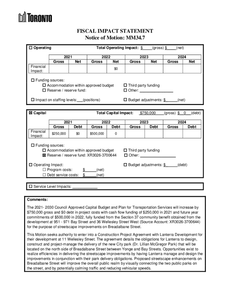Fillable Online FISCAL IMPACT STATEMENT Notice of Motion: MM34.7 Fax ...