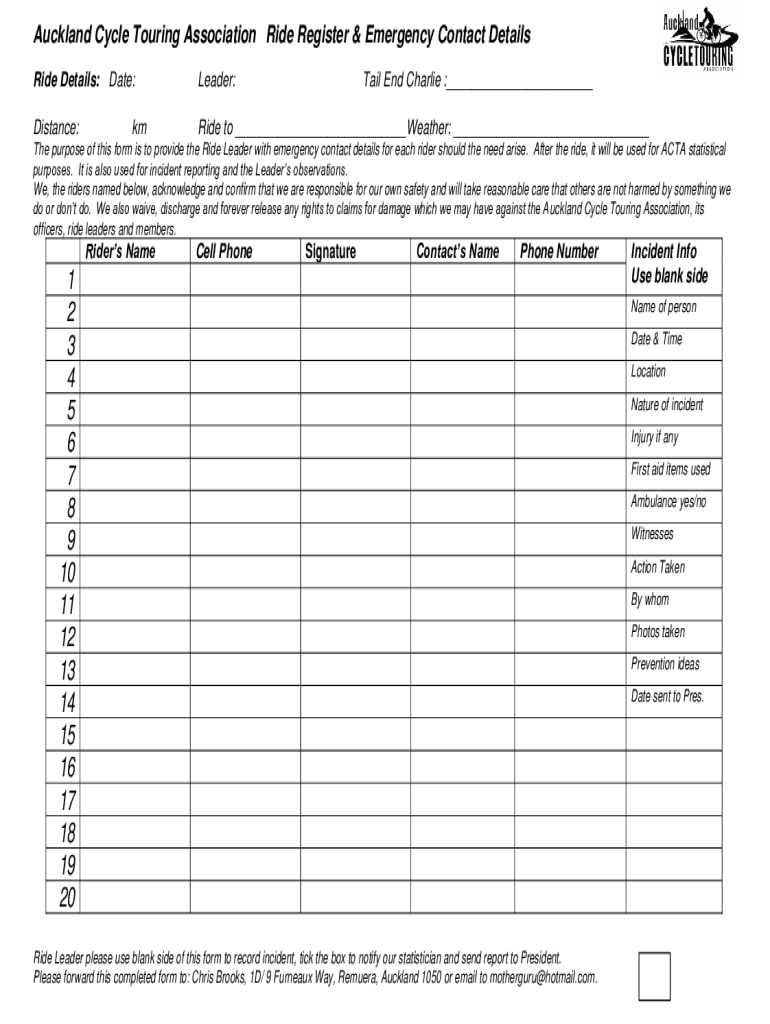 Fillable Online Ride Register Form - Auckland Cycle Touring ... Fax ...