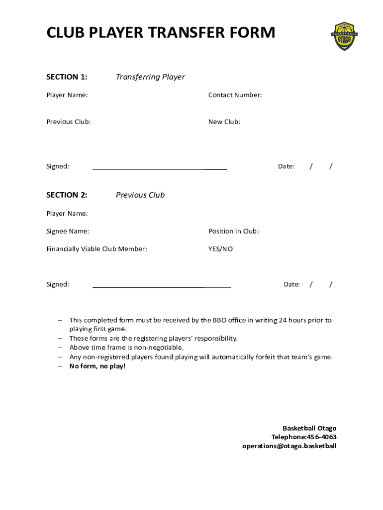 Fillable Online CLUB PLAYER TRANSFER FORM Fax Email Print - pdfFiller