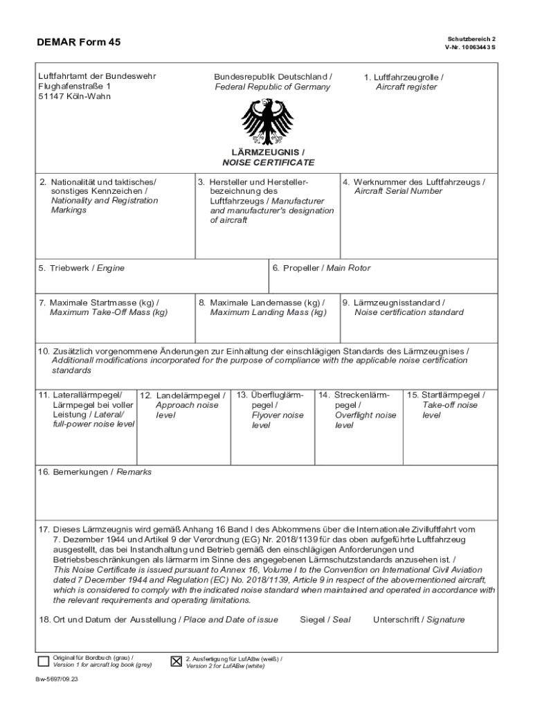 Ausfüllbar Online DEMAR Form 45 - Lrmzeugnis Fax Email Drucken - pdfFiller
