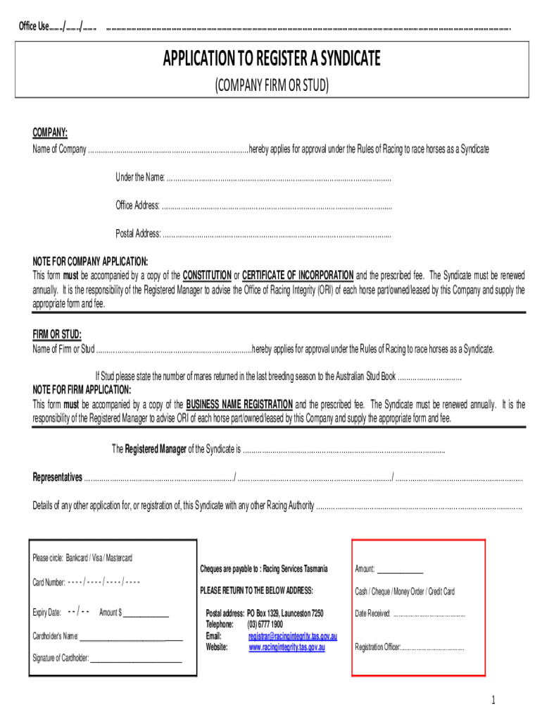 Fillable Online APPLICATION TO REGISTER A SYNDICATE (Company, ... Fax ...
