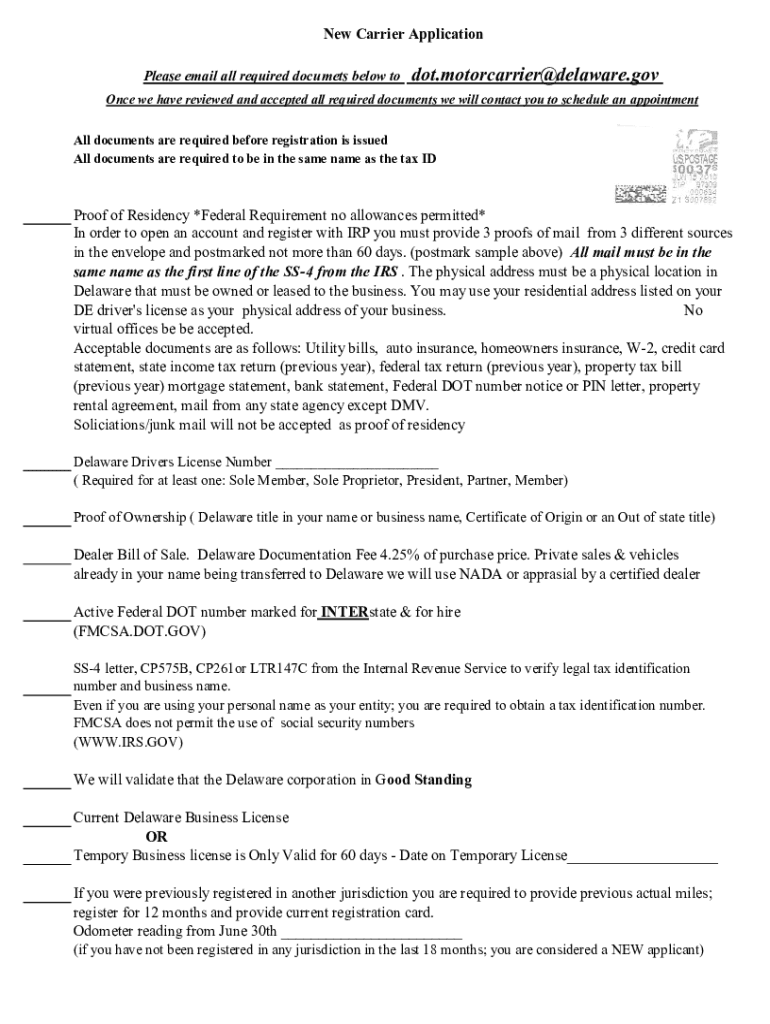 Fillable Online dmv de New Carrier Application Proof of Residency ...