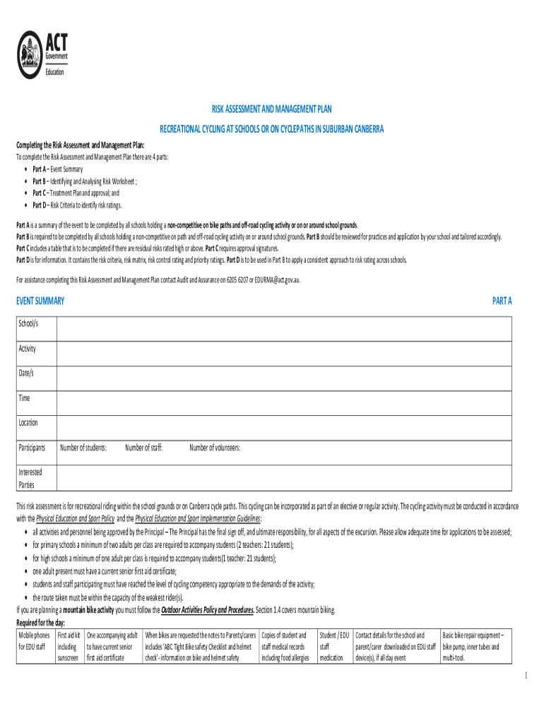 Fillable Online ACT public schools risk management plan template Fax ...