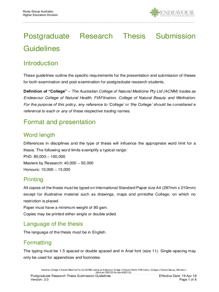 Fillable Online Postgraduate Research Thesis Submission Guidelines Fax ...