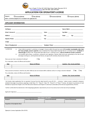 Fillable Online Application for Operator's License - Town of Eagle Fax ...