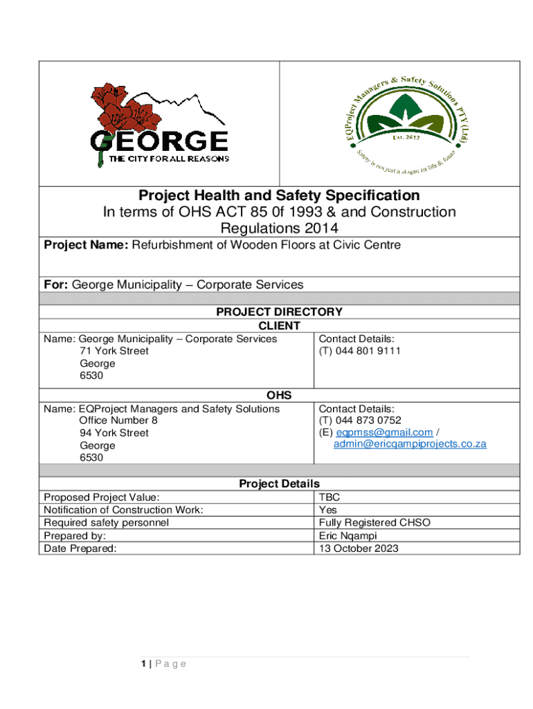 Fillable Online Project Health and Safety Specification In terms of OHS ...