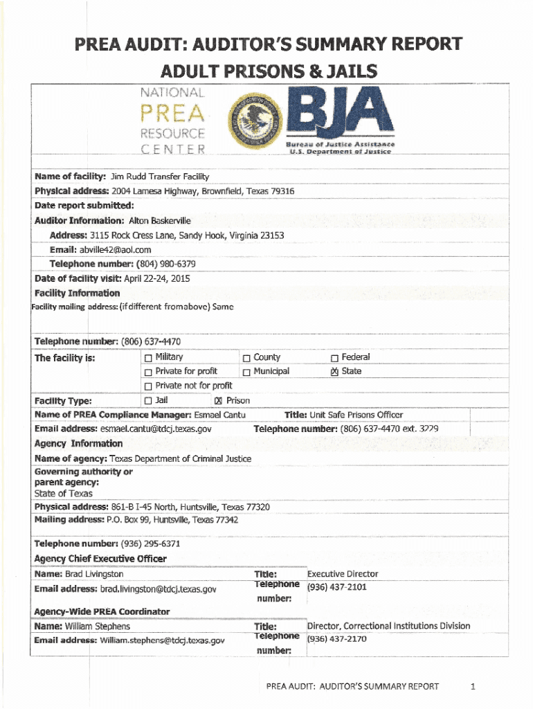 Fillable Online PREA Audit Report Rudd Transfer Facility April 22, 2015 ...