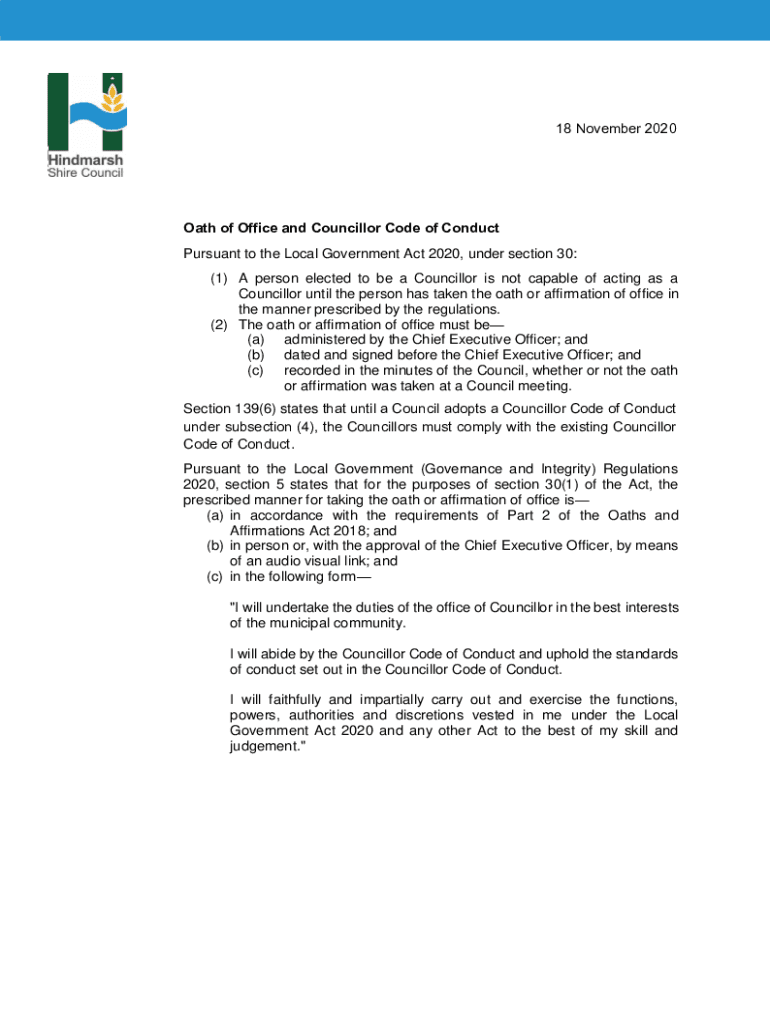 Fillable Online Local Government Legislation (Councillor Code of ...