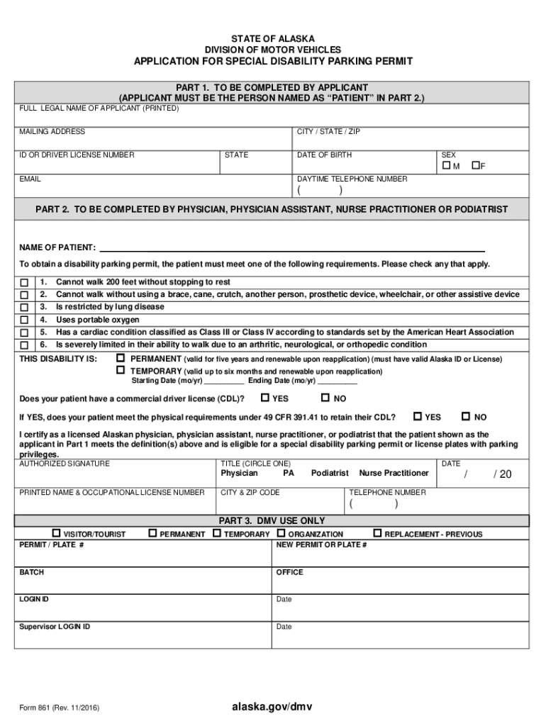 Fillable Online Alaska Handicap Parking Permit ApplicationDisability ...