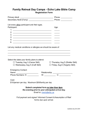 Fillable Online Family Retreat Day Camps Reg Form Fax Email Print ...