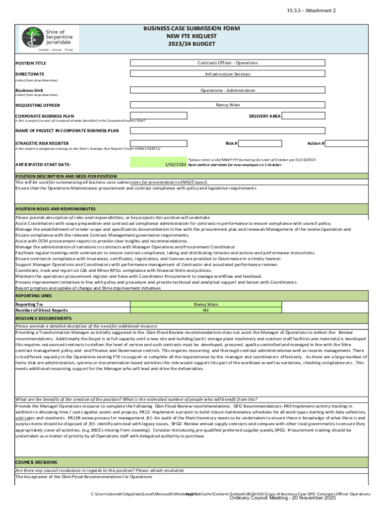 Fillable Online business case submission form new fte request Fax Email ...