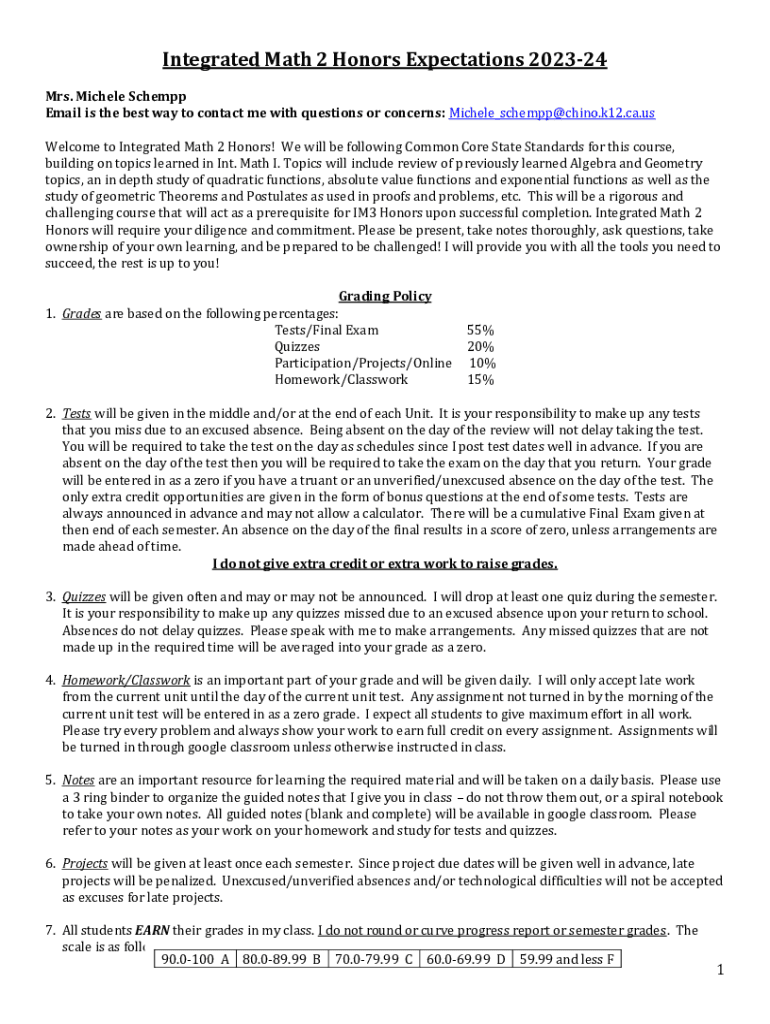 Fillable Online Schempp, Michele / Integrated Math 2 Honors Fax Email ...