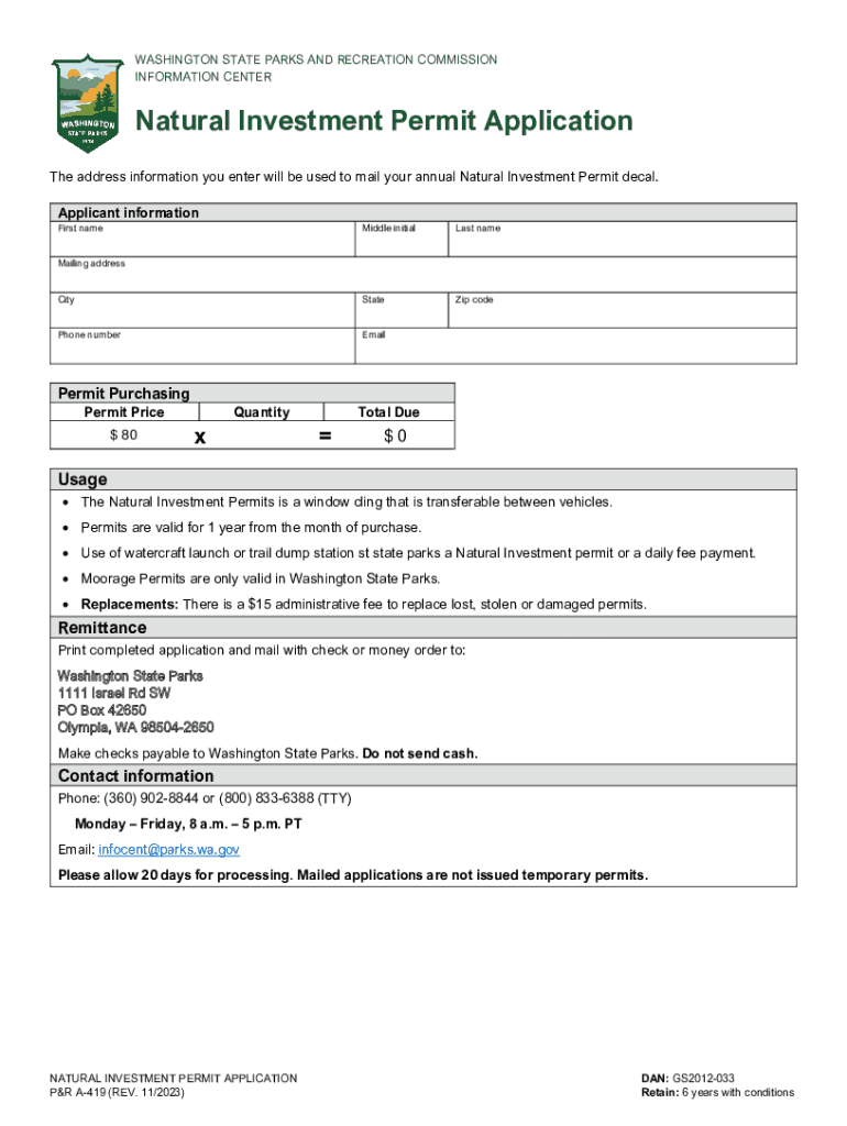 Fillable Online parks wa Natural Investment Permit Application - Washington State Parks Fax ...