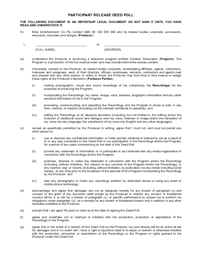 Fillable Online Nine participant release deed poll. Nine participant release deed poll Fax Email ...