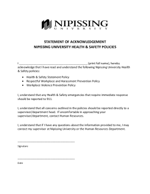 Fillable Online Statement of Acknowledgement Health and Safety ... Fax ...