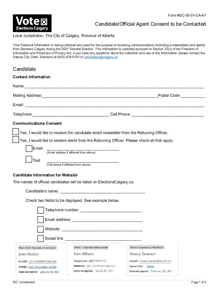 Fillable Online Candidate / Official Agent Consent to be Contacted Form ...