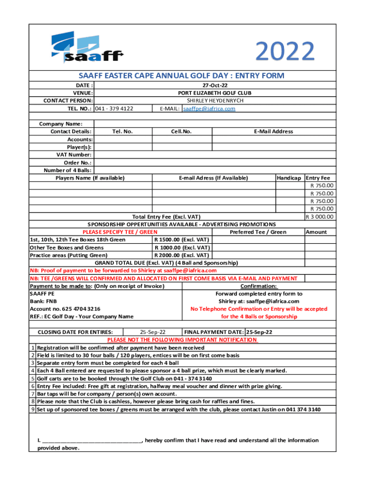 Fillable Online SAAFF EASTER CAPE ANNUAL GOLF DAY : ENTRY FORM Fax ...