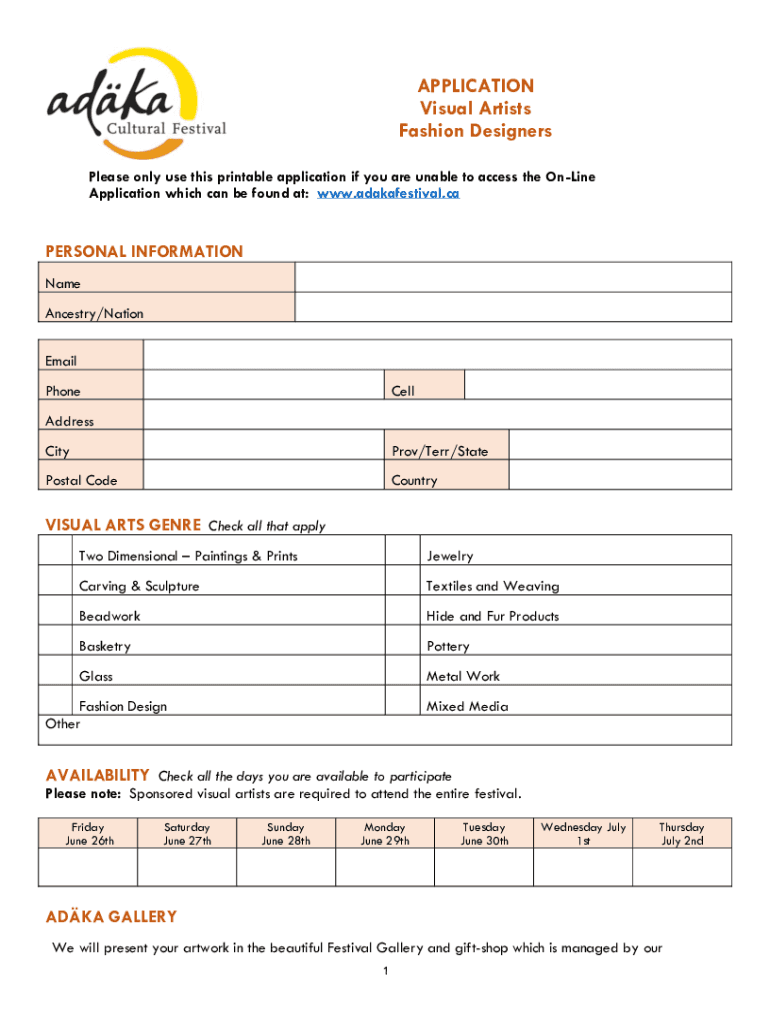 Fillable Online Application Package for Visual and Performing Artists Fax Email Print - pdfFiller