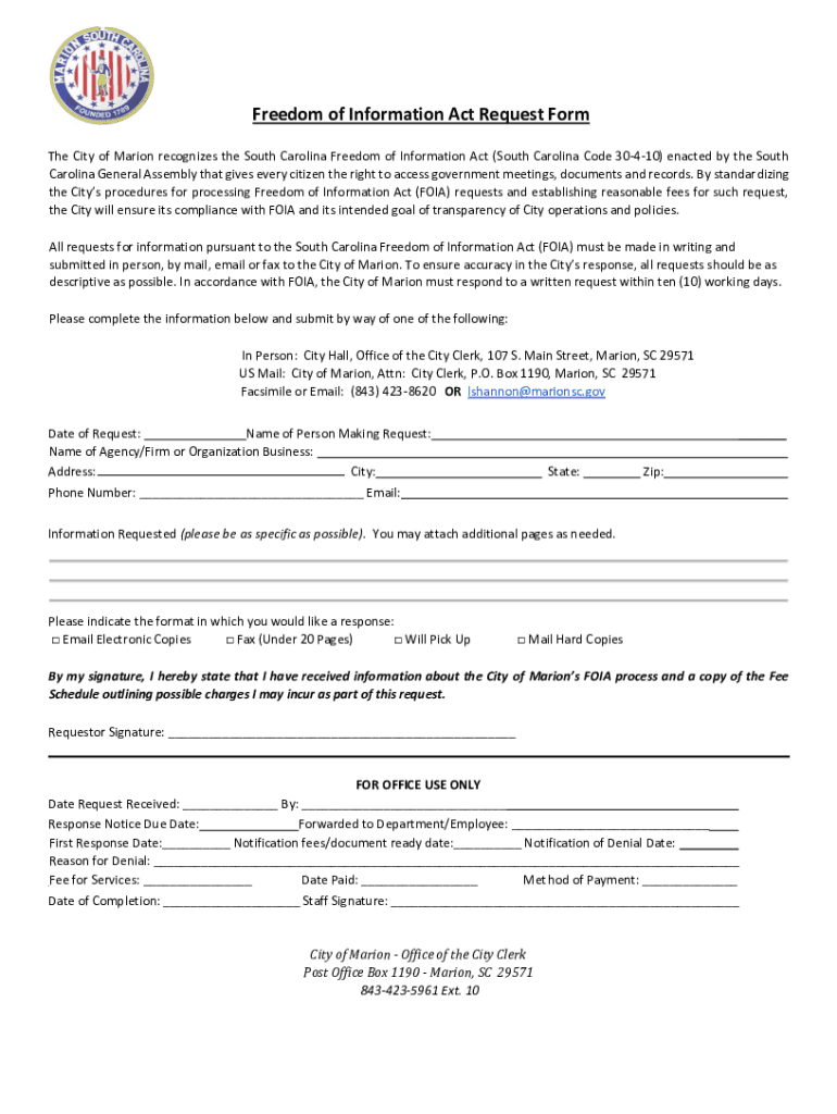 Fillable Online The City of Marion recognizes the South Carolina ...