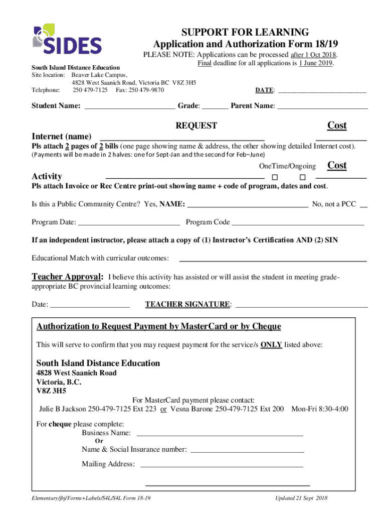 Fillable Online SUPPORT FOR LEARNING Application and Authorization Form ...