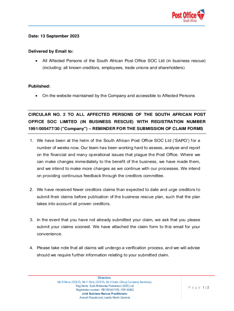 Fillable Online Affected Persons of the South African Post Office SOC ...